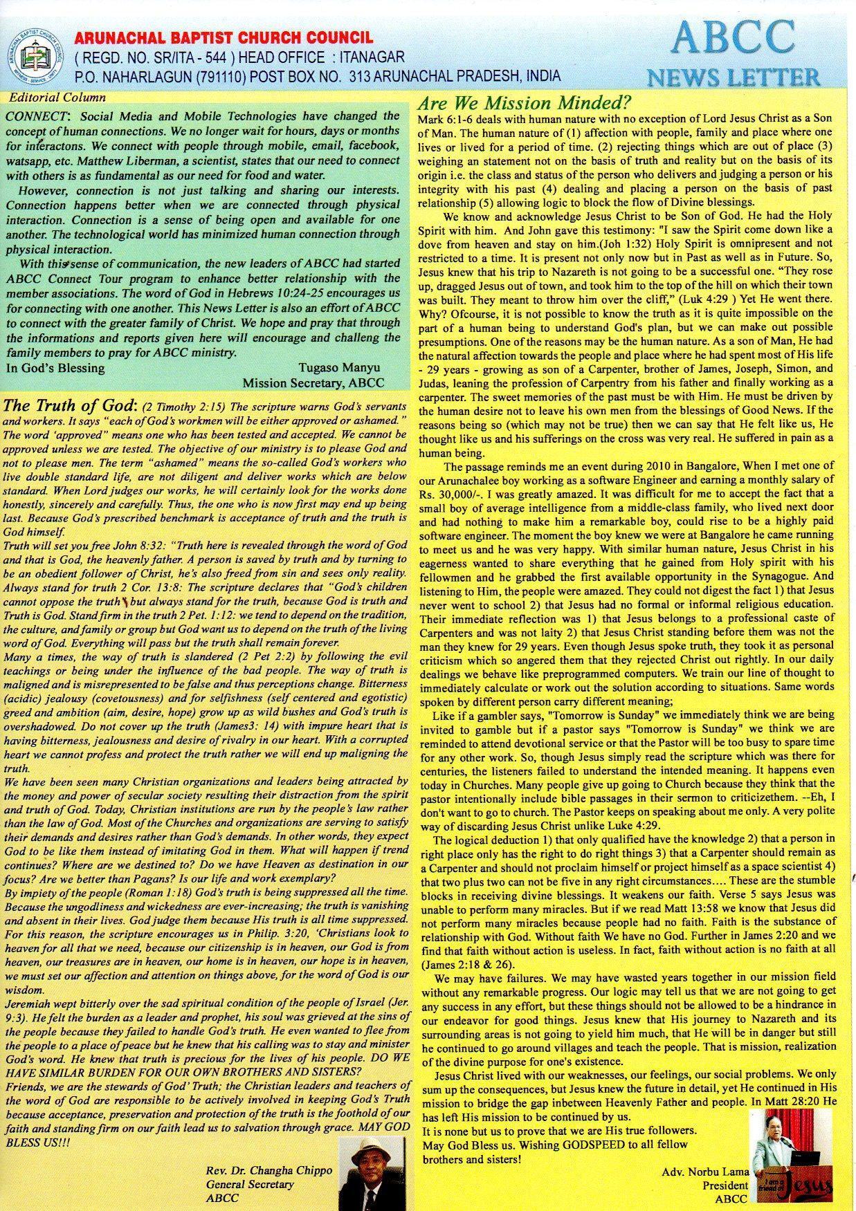 MESSAGE FROM ABCC PRESIDENT AND GENERAL SECRETARY | Arunachal Baptist ...